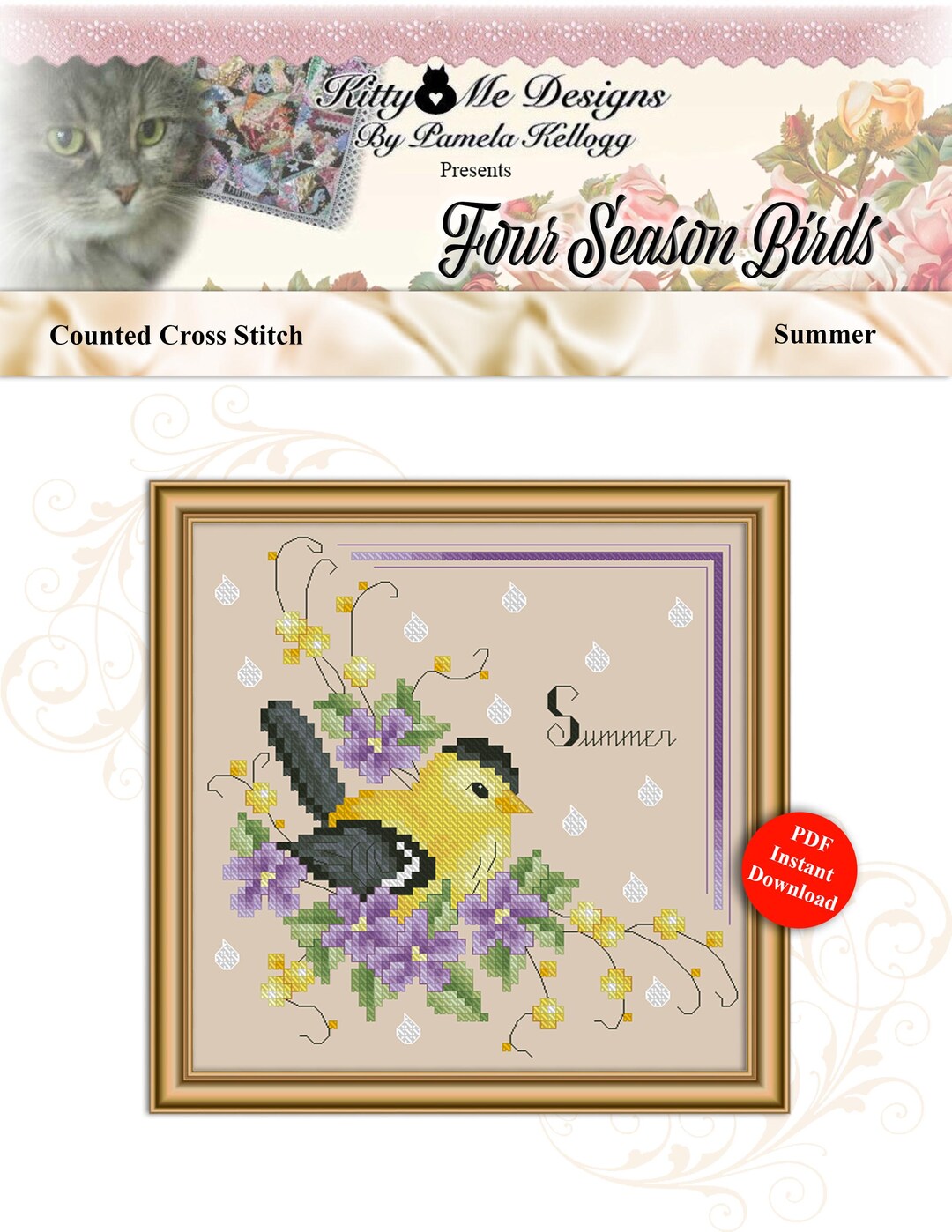 Four Seasons Birds Summer Goldfinch PDF Download Counted Cross Stitch ...