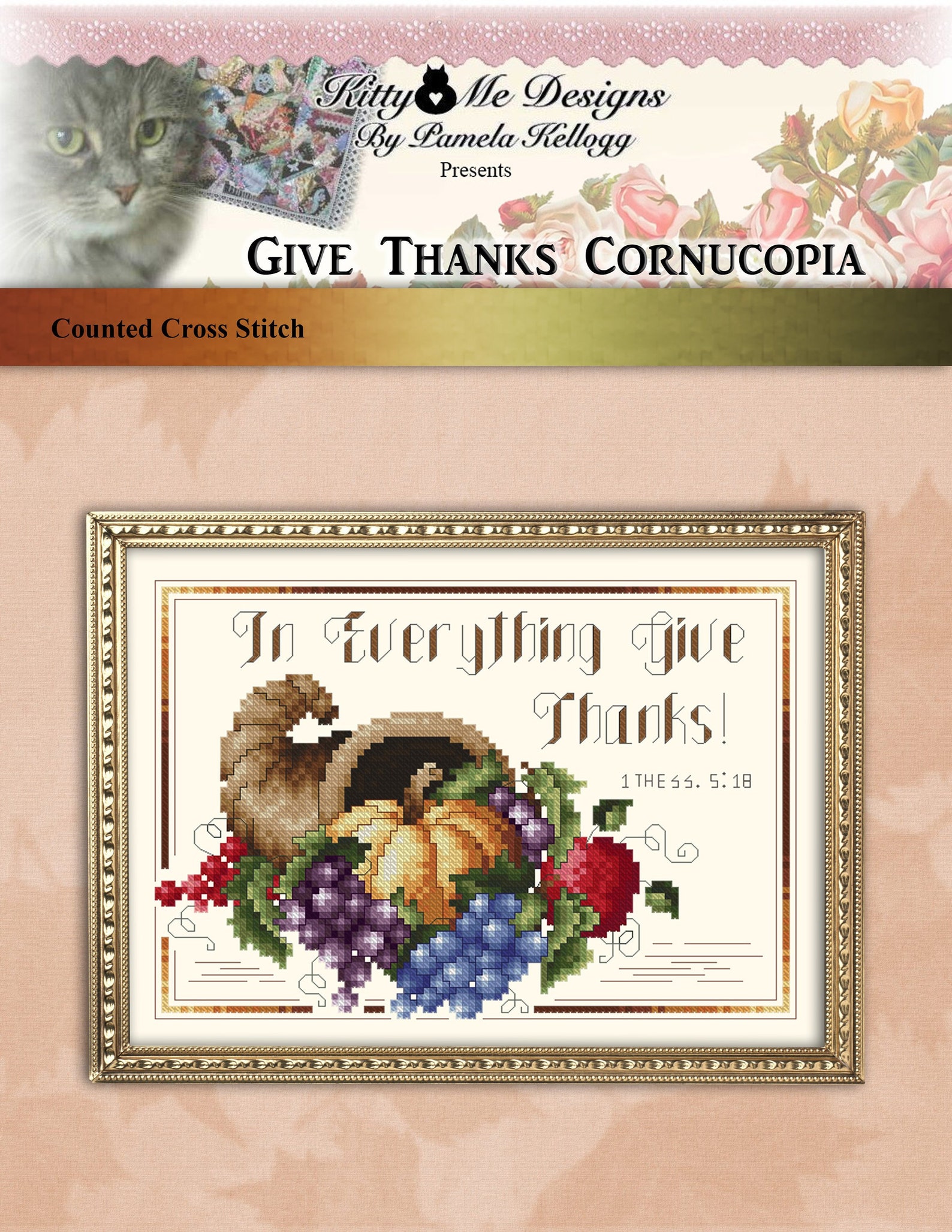 Give Thanks Cornucopia Cross Stitch Pattern, Thanksgiving Verse ...