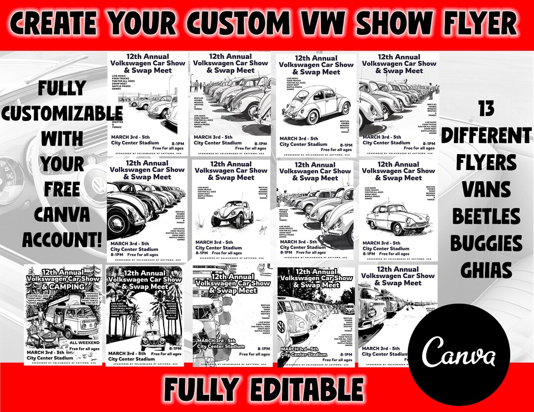 PRINTABLE Black and White Line Art VW Volkswagen VDUB Car Show Flyer ...
