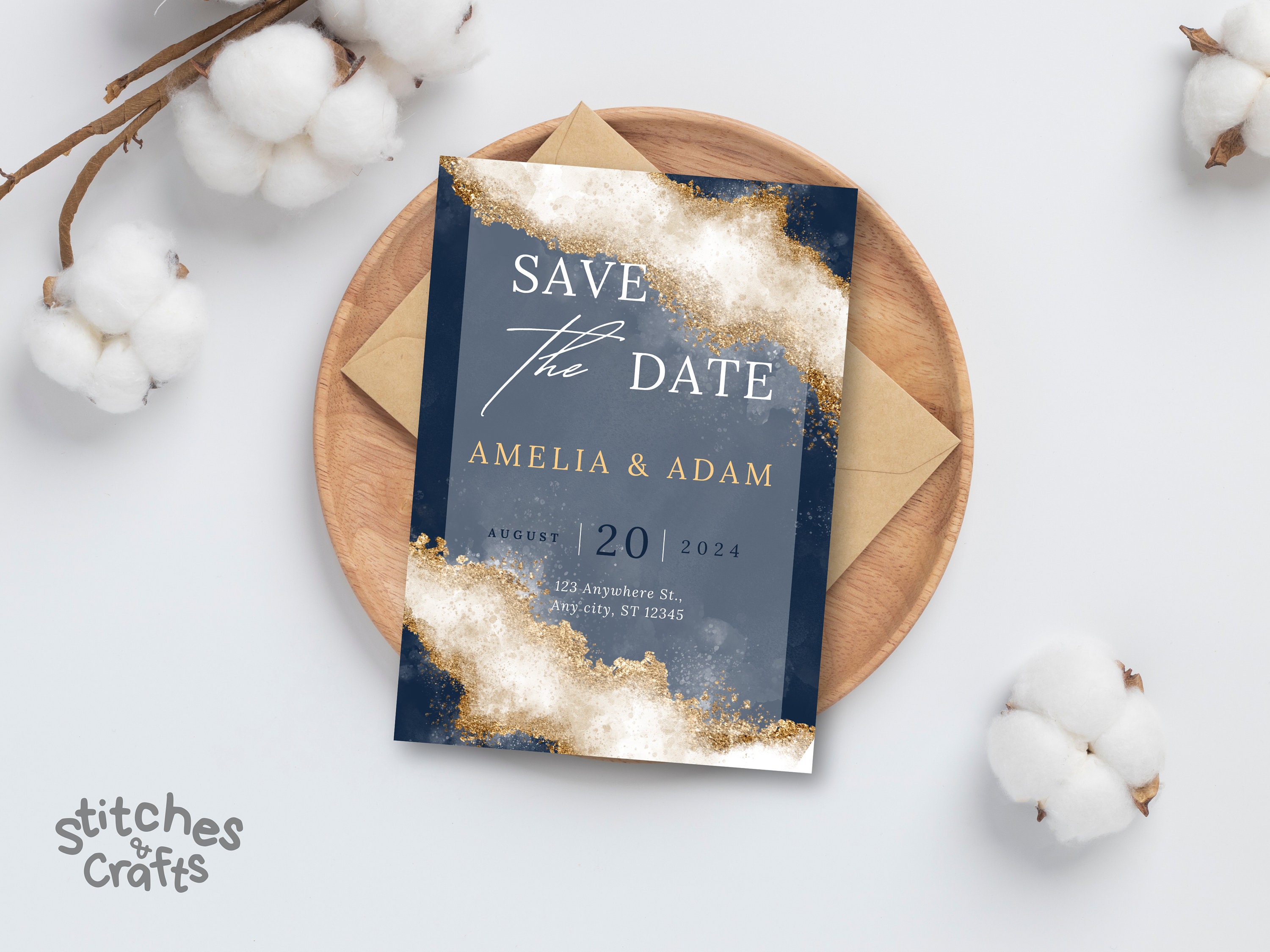 Blue Gold Wedding Invitation Template, Elegant Party Invite (digital ...