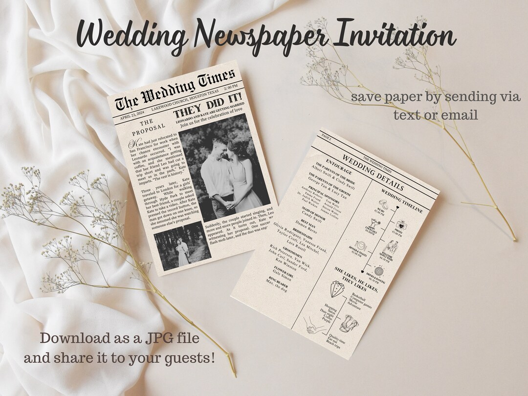 Newspaper Wedding Invitation Template, Printable Vintage Wedding Invite ...