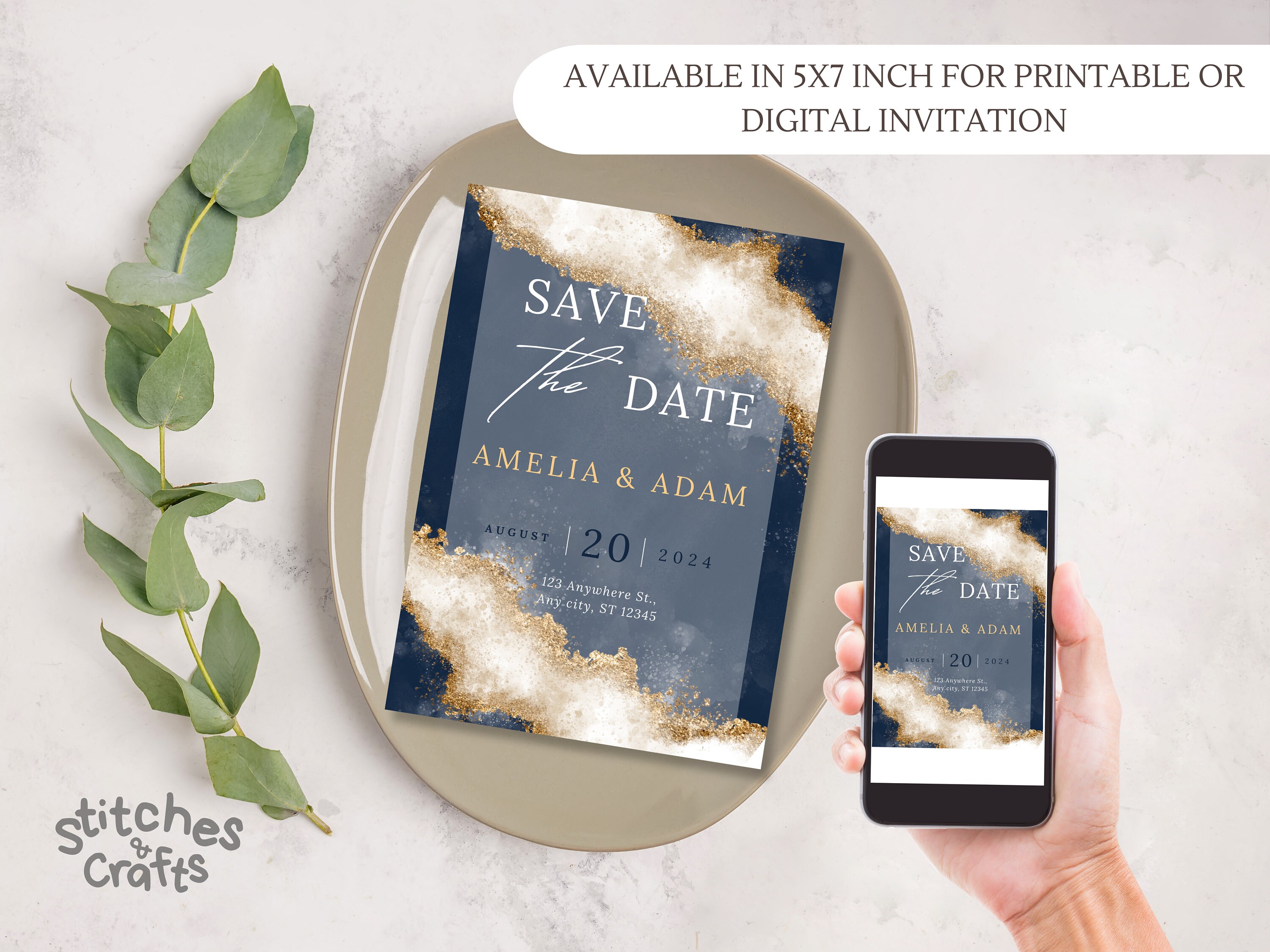 Blue Gold Wedding Invitation Template, Elegant Party Invite (digital ...