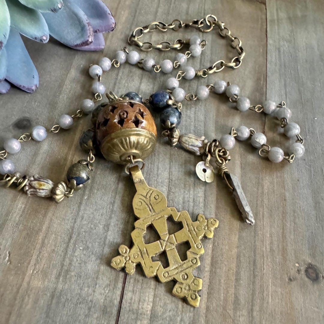Ethiopian CROSS Necklace With Healers Gold, VINTAGE Beads, Gypsy Silver ...