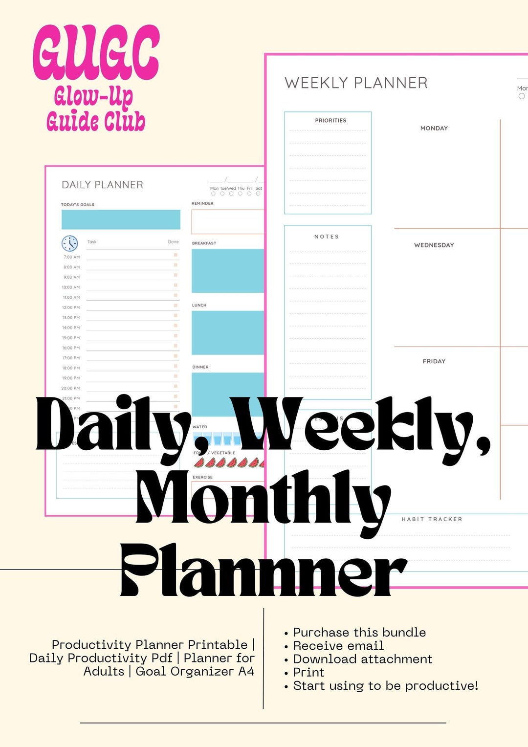 Productivity Planner printable PDF Daily Weekly Monthly Productivity ...
