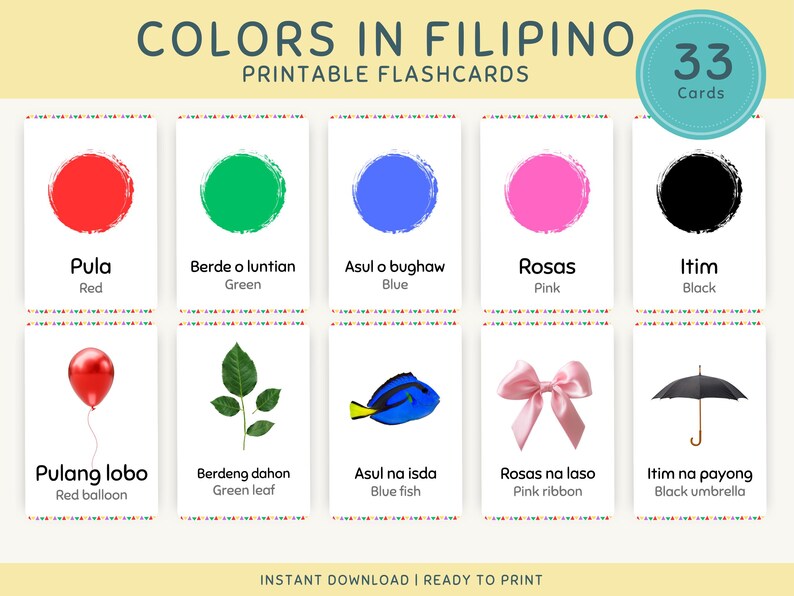 Filipino Colors Printable Flashcards for Toddlers and Kids, Filipino ...