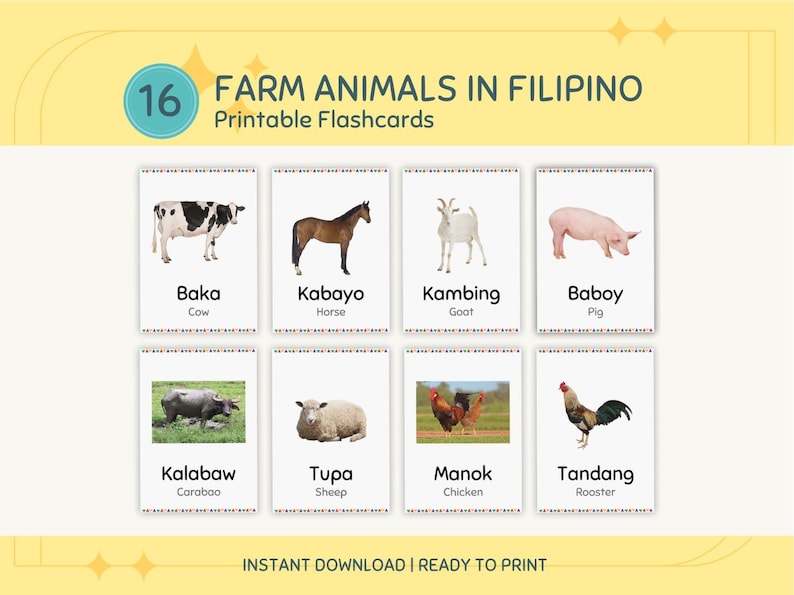Filipino Farm Animals Printable Flashcards for Kids & Toddlers, Digital ...