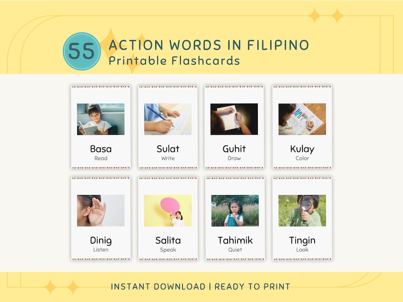 Filipino Action Words Verbs Printable Flashcards for Toddlers & Kids ...