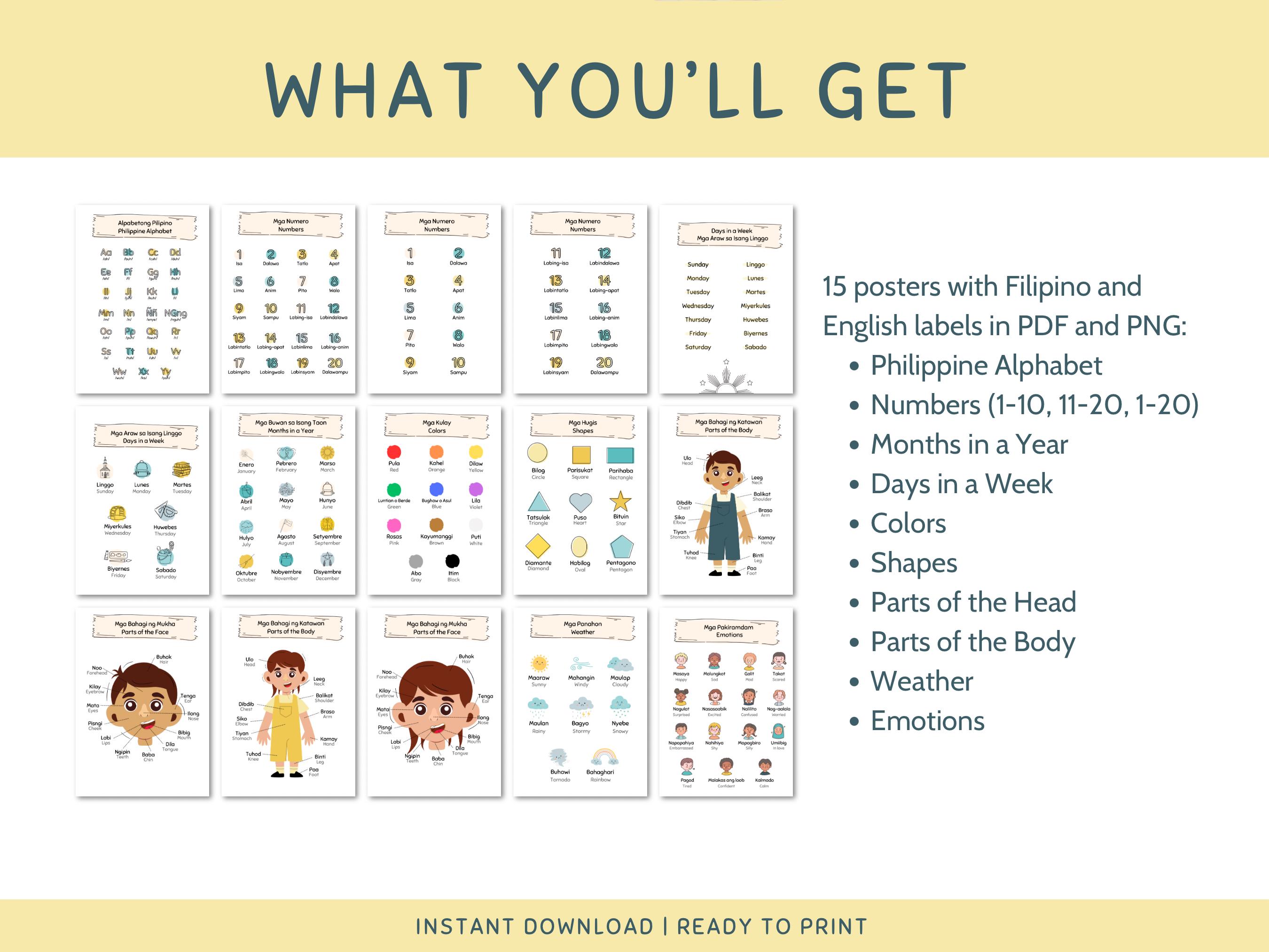 Filipino Printable Posters for Toddlers and Kids, Learn Tagalog Wall ...