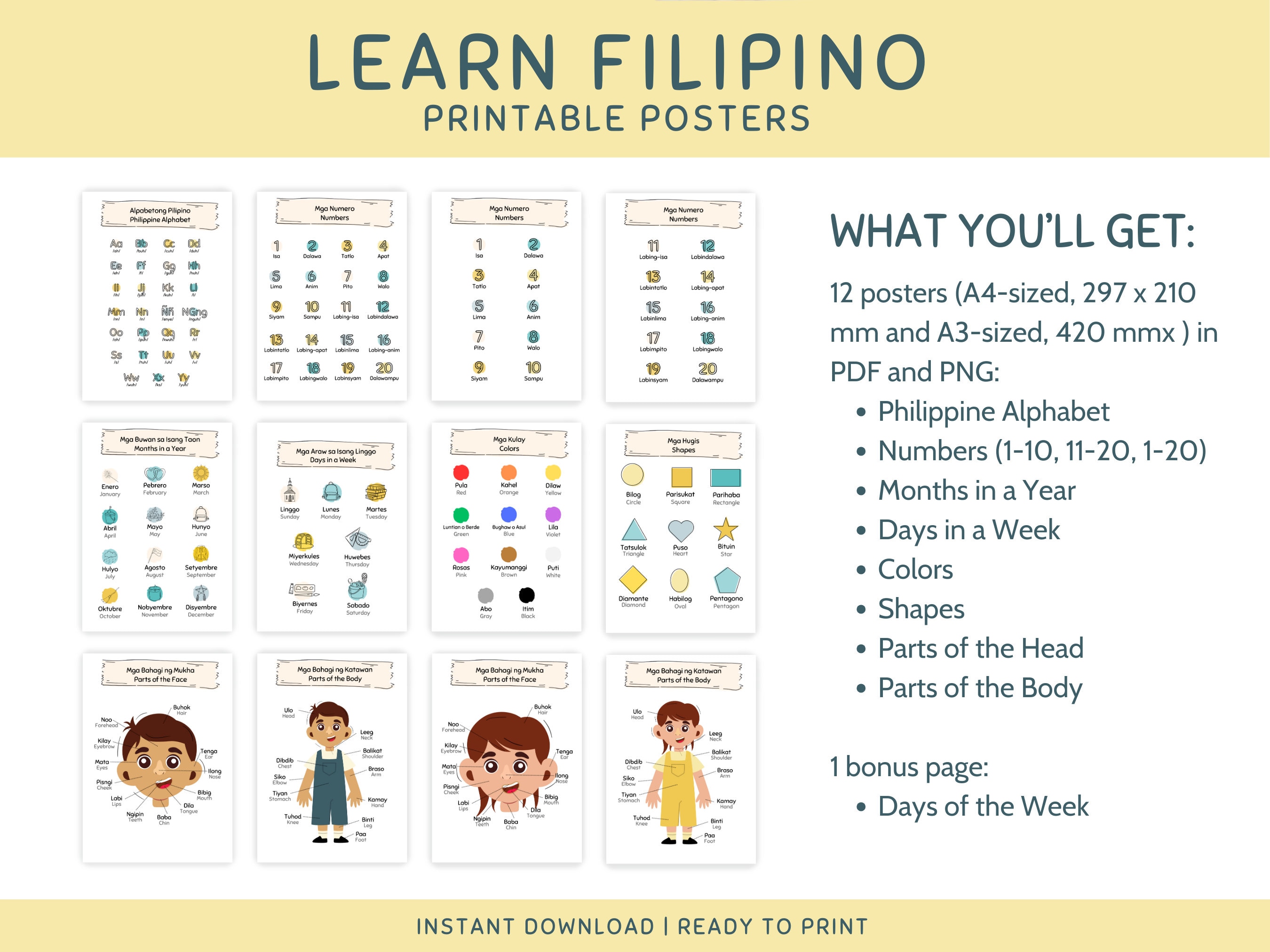 Filipino Printable Posters for Toddlers and Kids Learn Tagalog Wall ...