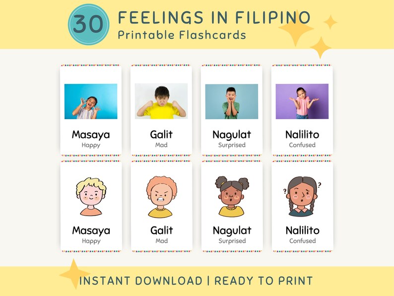 Filipino Emotions and Feelings Printable Flashcards for Toddlers & Kids ...