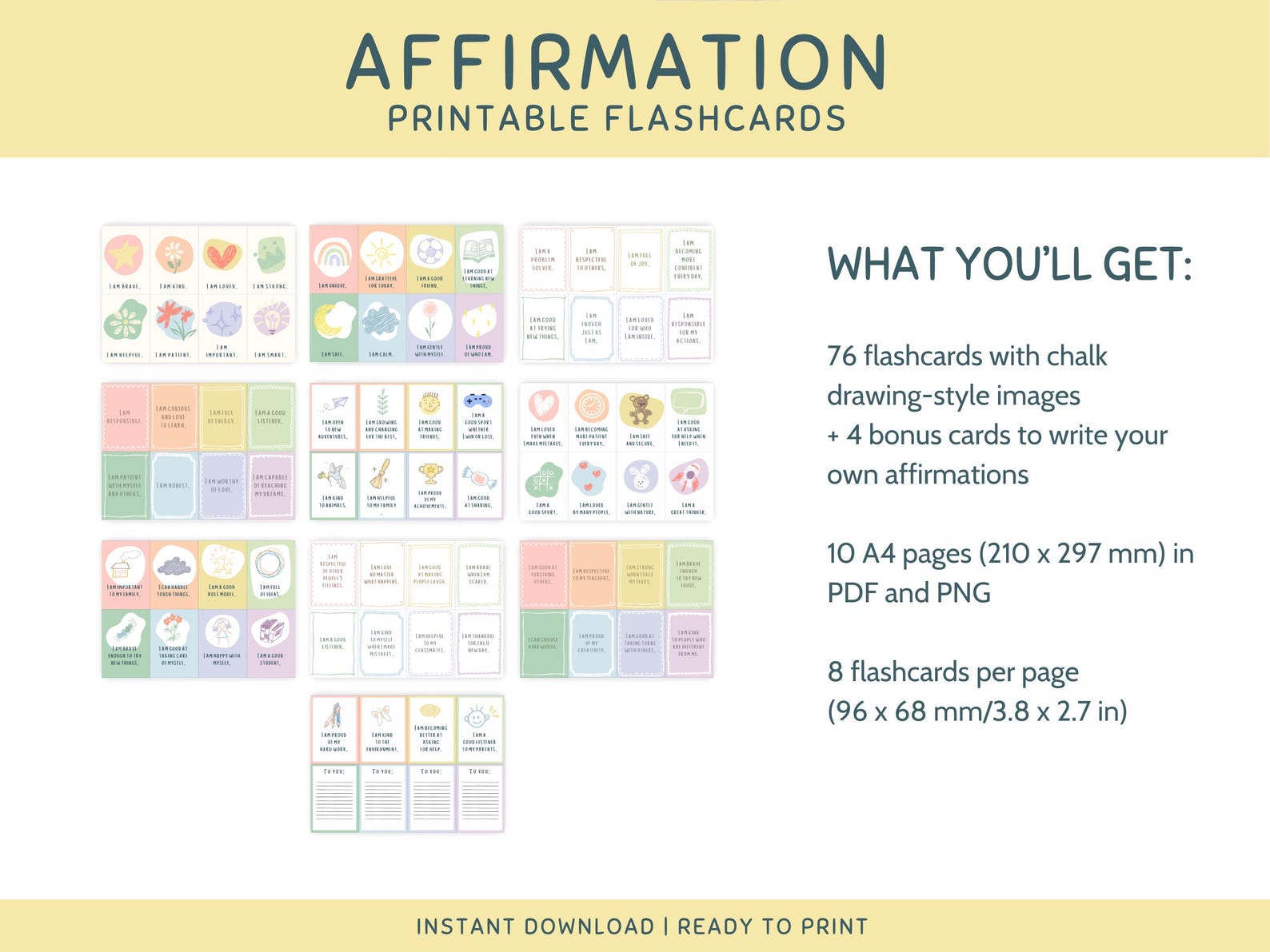 Printable Affirmation Flashcards for Kids, Positive Words of ...