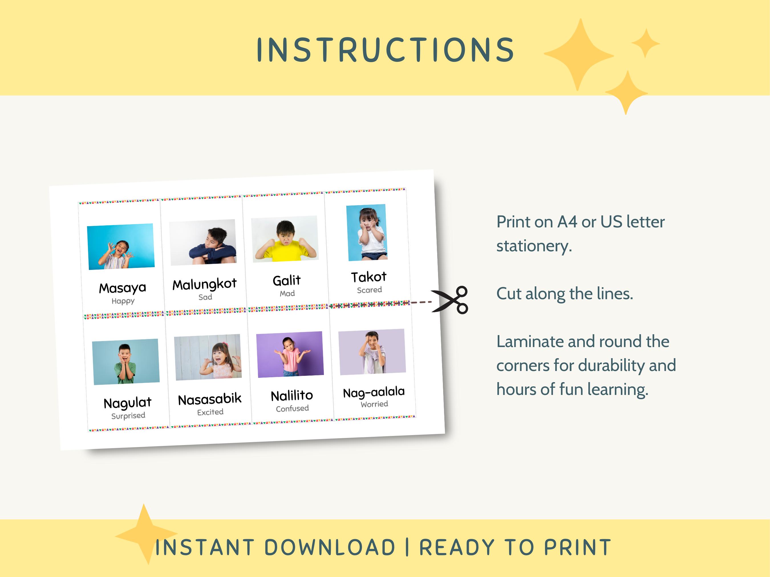 Filipino Emotions and Feelings Printable Flashcards for Toddlers & Kids ...