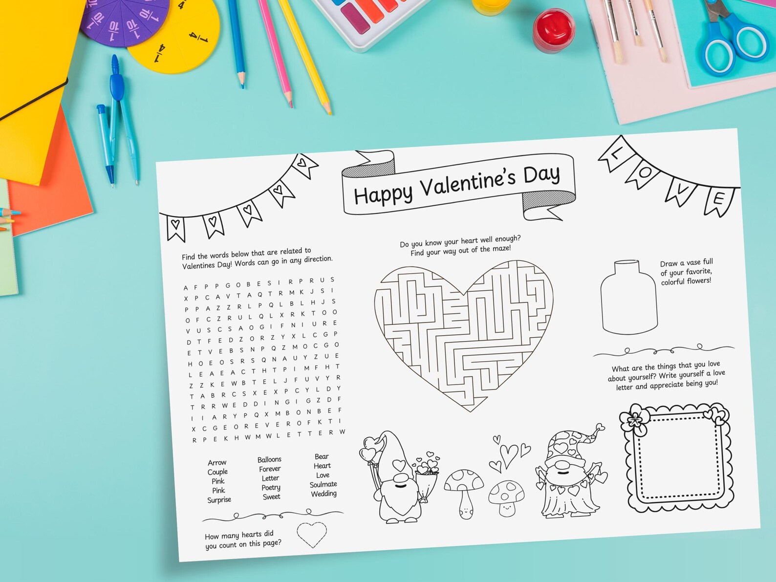 Printable Valentines Activity Sheets and Placemat for Kids, Classroom ...