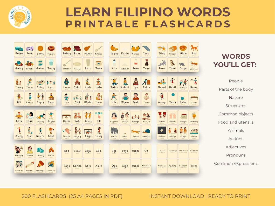 Filipino Printable Flashcards for Toddlers and Kids | Learn Tagalog ...