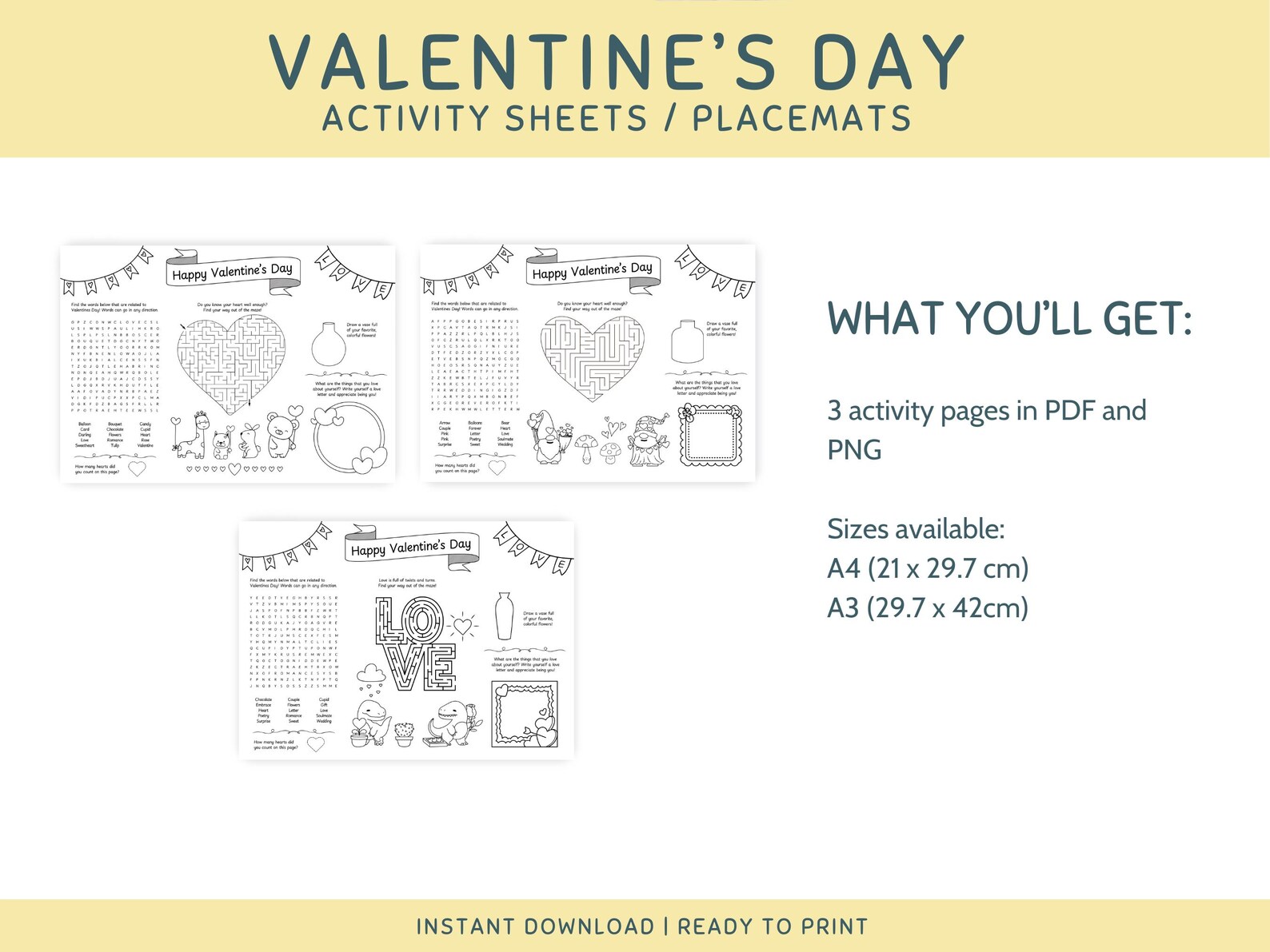 Printable Valentines Activity Sheets and Placemat for Kids, Classroom ...