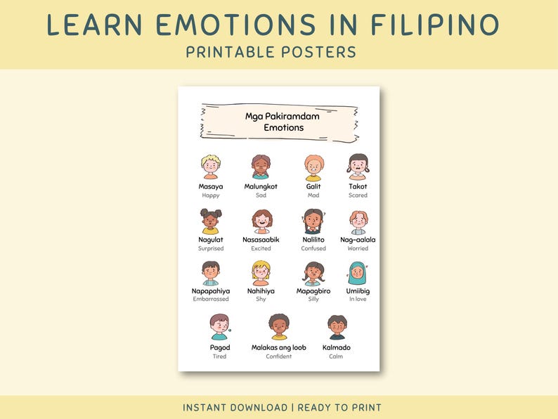 Printable Emotions Poster in Filipino for Toddlers and Kids Educational ...