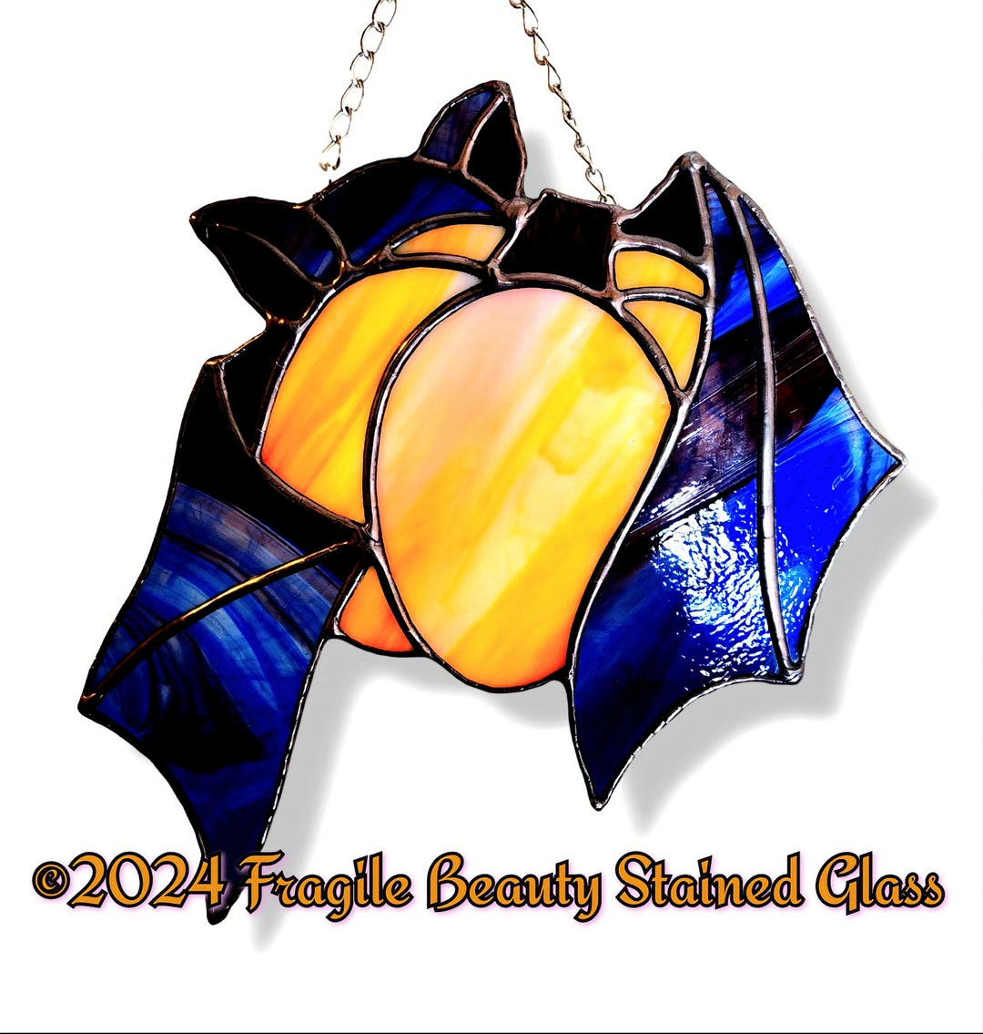 Stained Glass Bat Hugging Pumpkin Suncatcher - Halloween Decor - Etsy