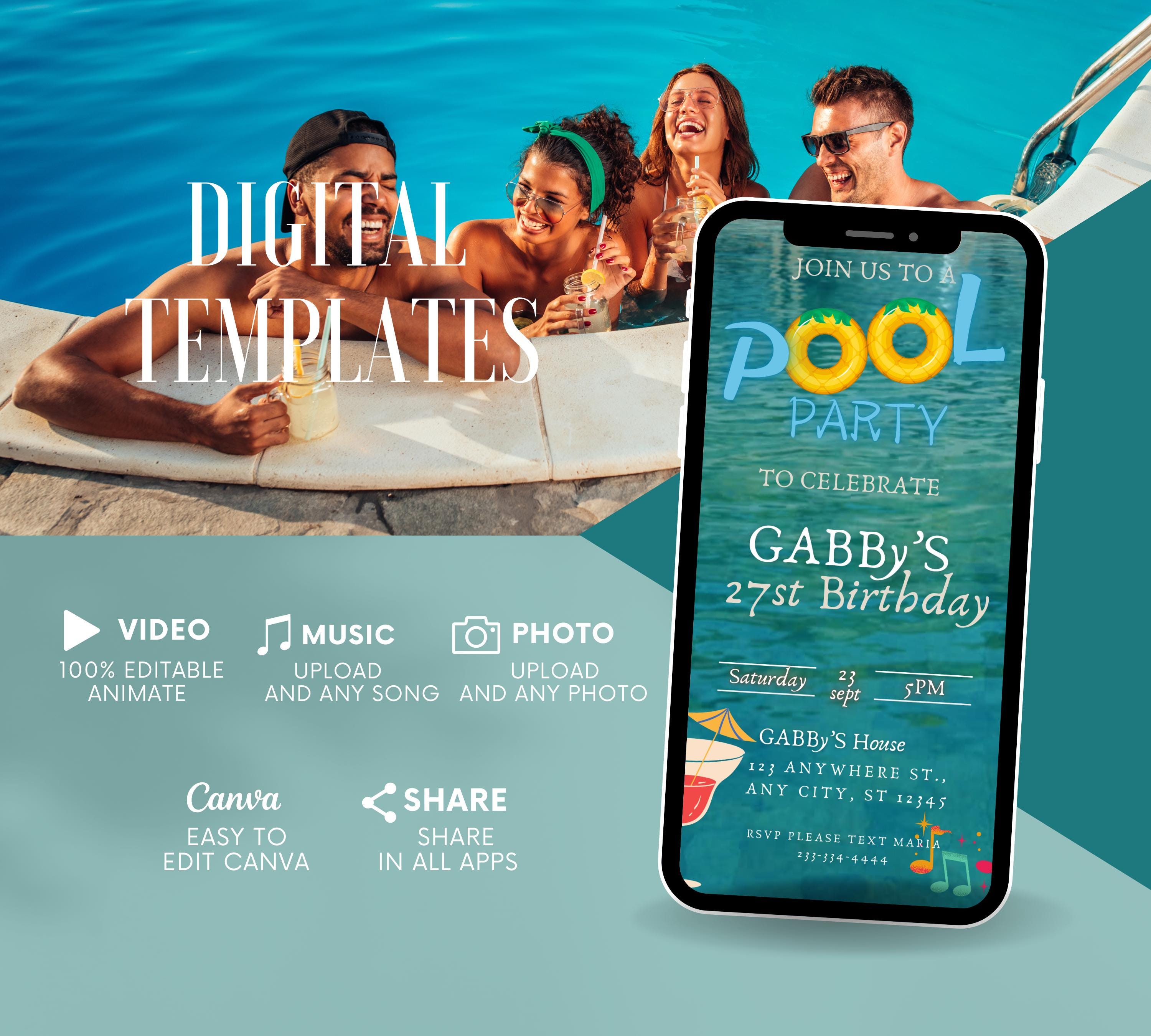 Pool Party Editable Invitation, Summer Birthday Party Evite, Text ...
