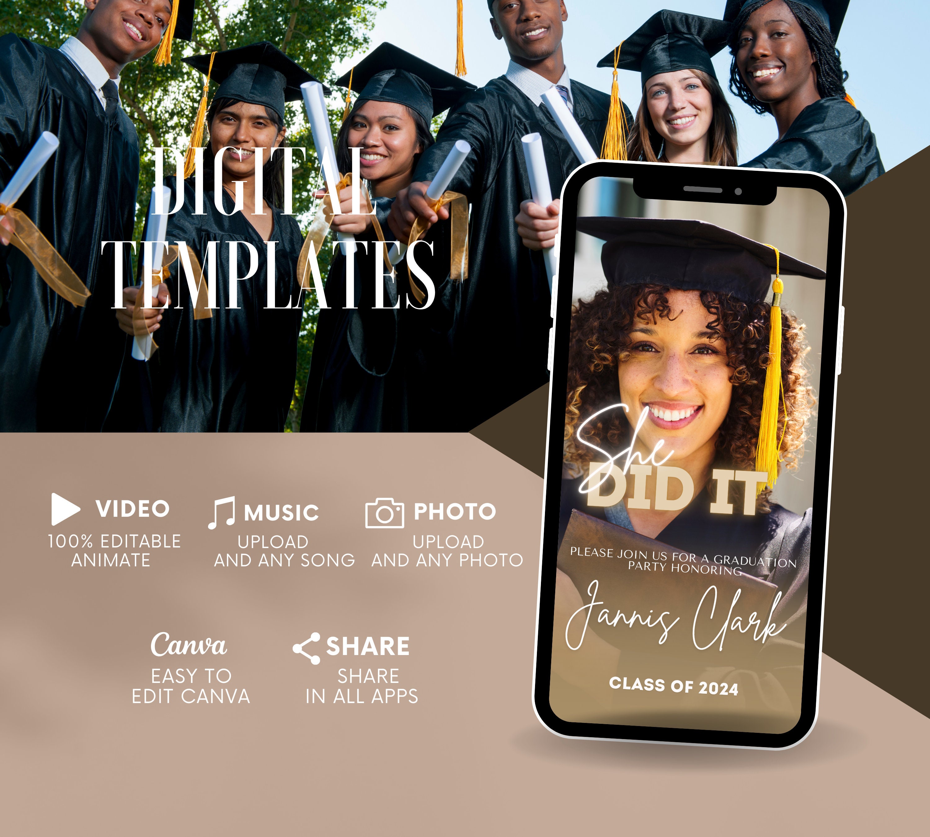 Ditigal Graduation Invitation, Animated Graduation Invitation, Girl ...