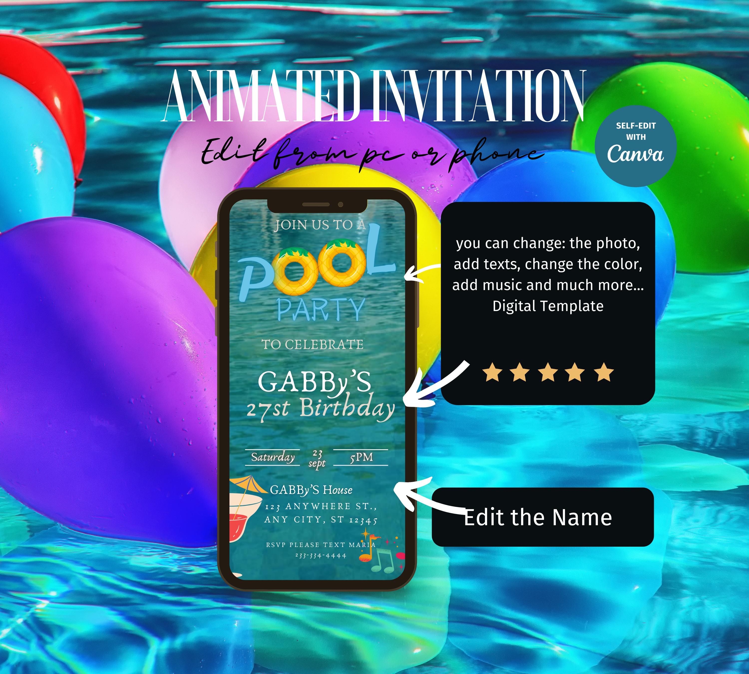 Pool Party Editable Invitation, Summer Birthday Party Evite, Text ...