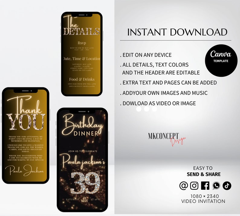 Digital 39th Birthday Invitation, 39 Invite, Animated Black Golf ...