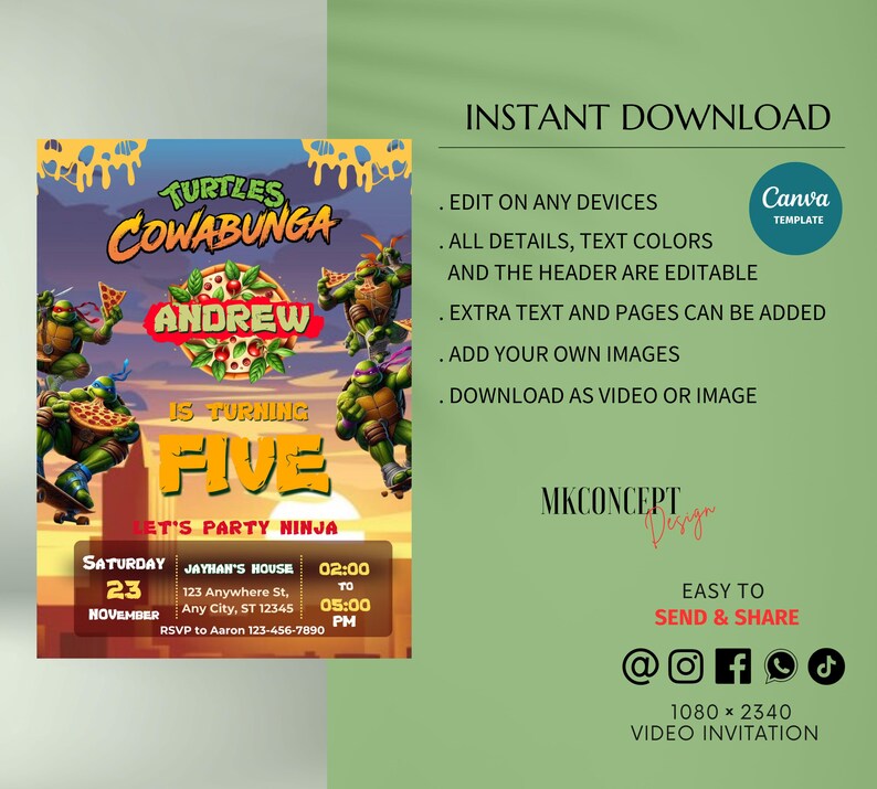 Editable Ninja Turtle Birthday Invitation Printable Ninja Invite ...