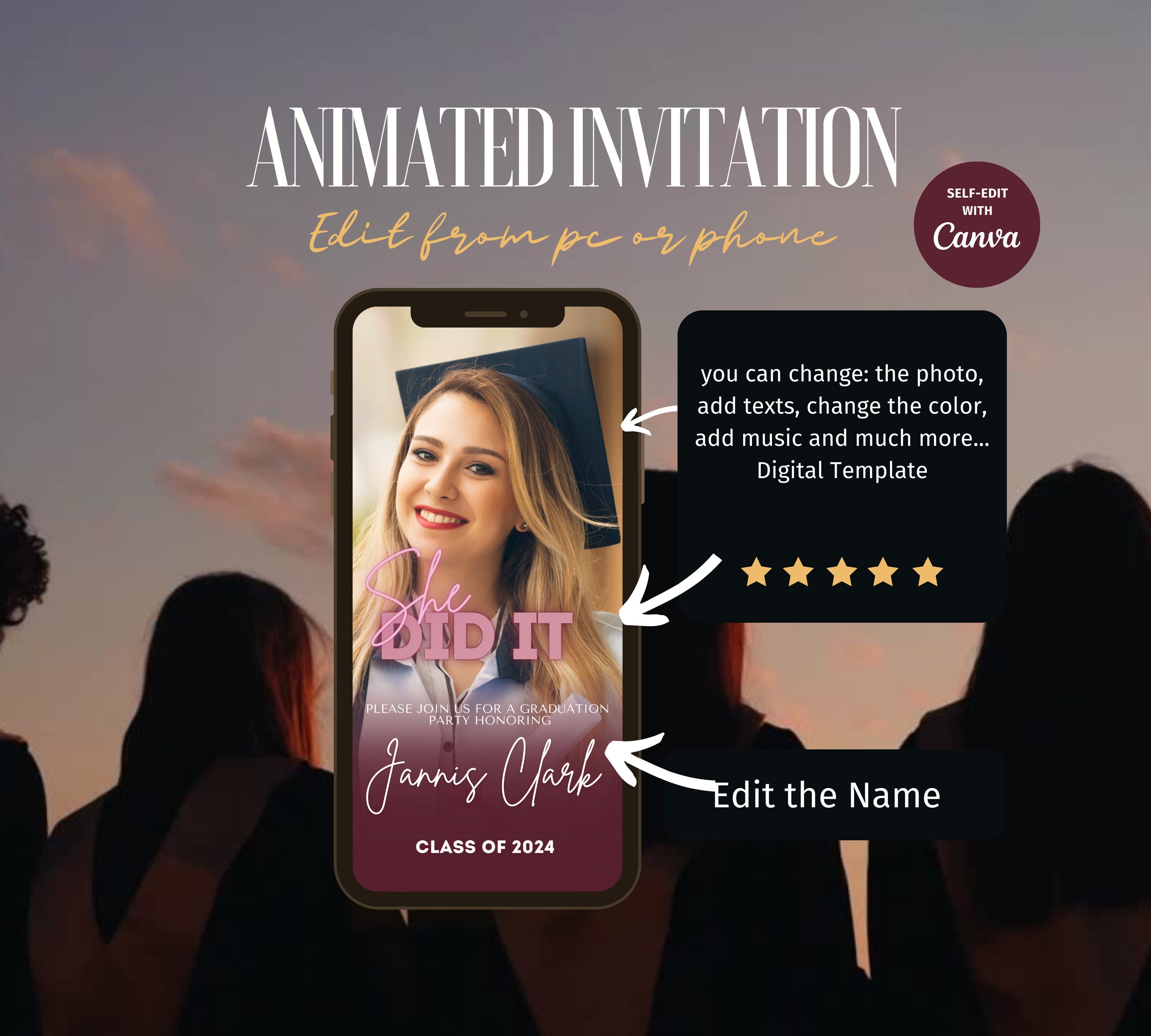 Animated Graduation Invitation, Girl Graduation Invitation, Edit ...