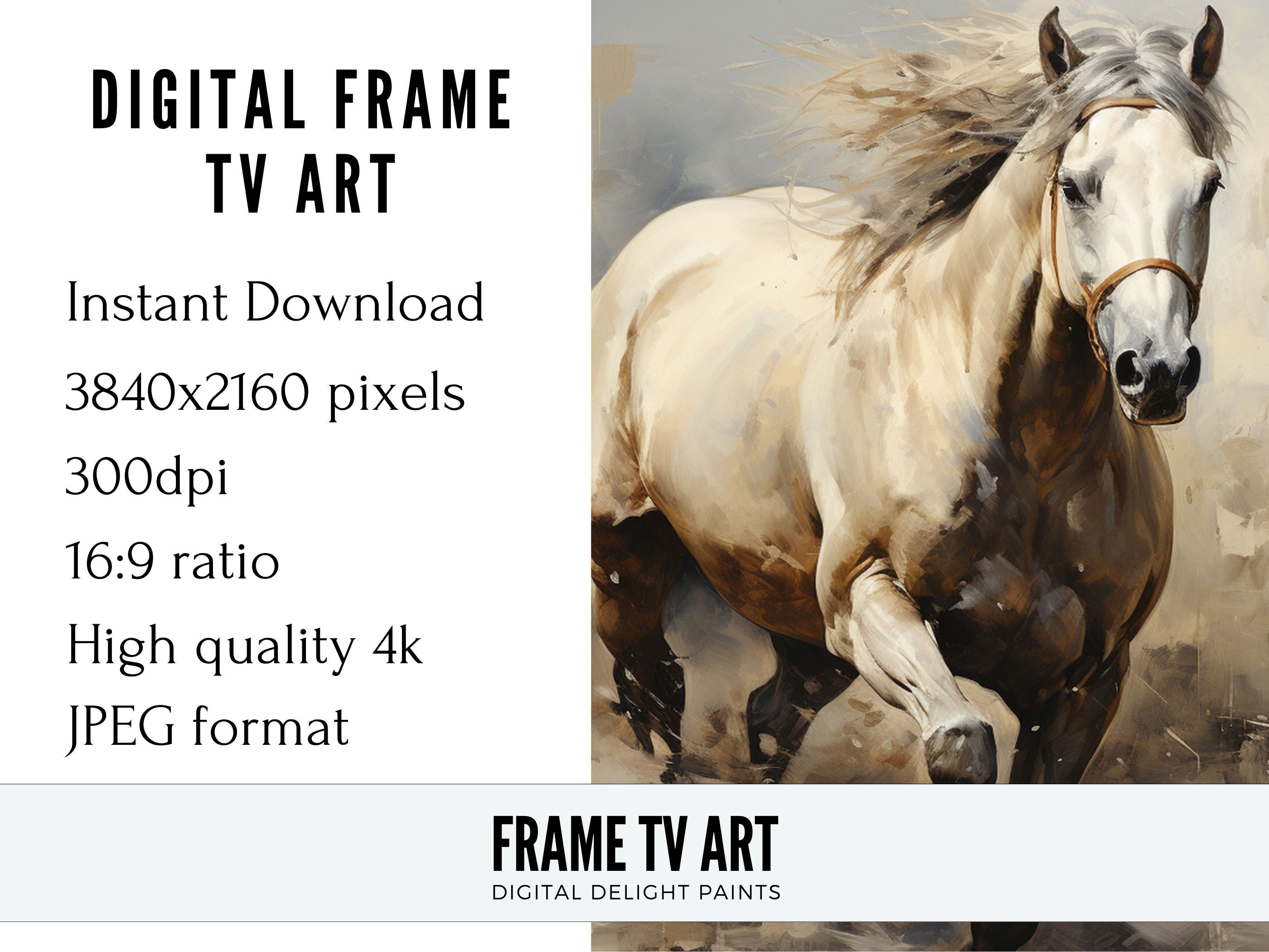 Vintage Collection Horse Gallop Frame TV Art, White Horse Art Digital ...