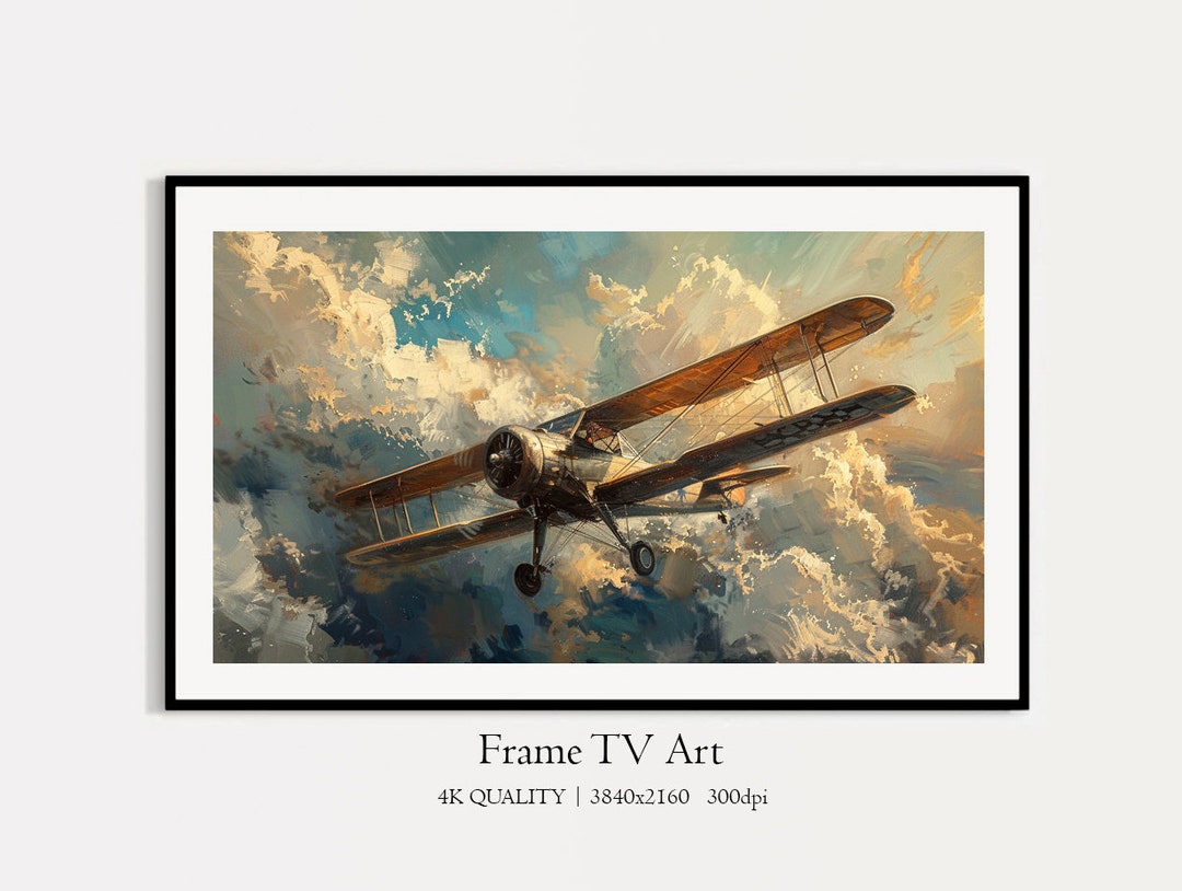 Biplane Sunset Sea Flight Samsung Frame TV Art, Two Wings Airplane ...