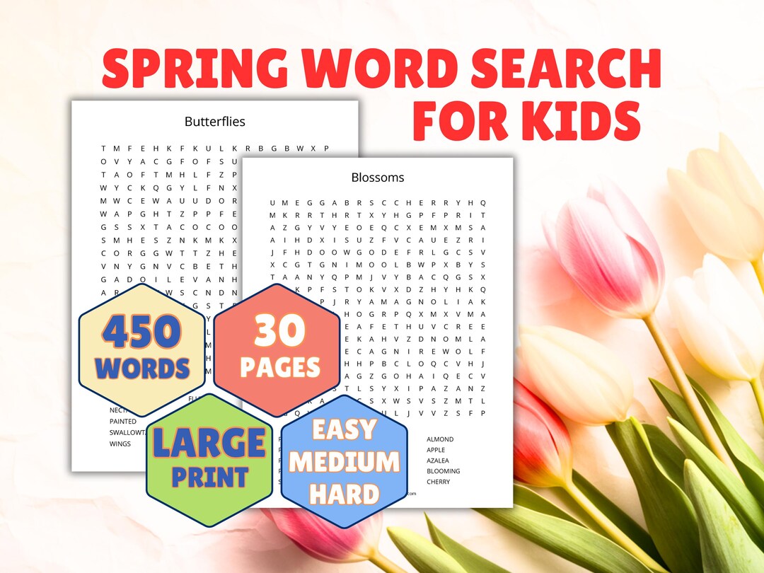 Spring Word Search for Kids. 30 Spring Themes. 450 Words. Printable ...