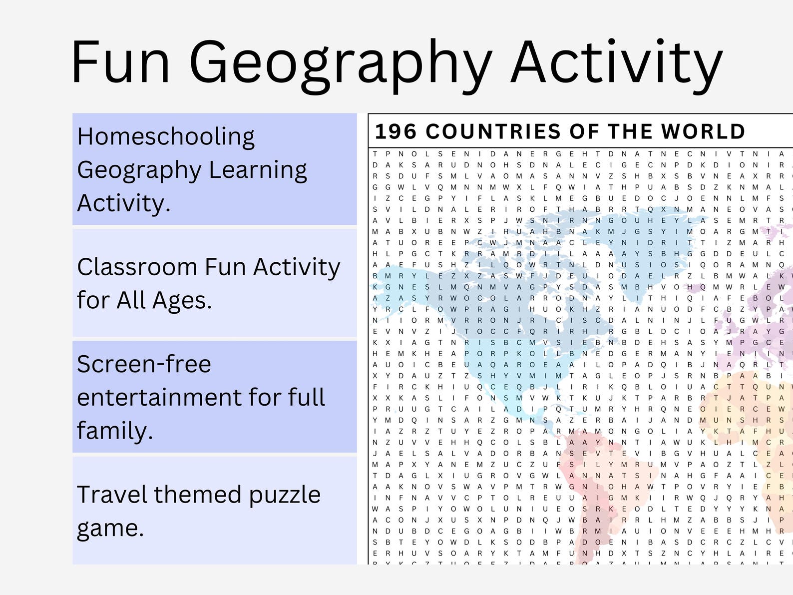 Giant Word Search Puzzle With ALL World Country Names. Printable Puzzle ...