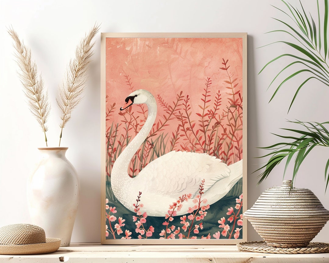 Swan Wall Art, Pink Nursery Print, Teen Girl Bedroom, Printable Living ...