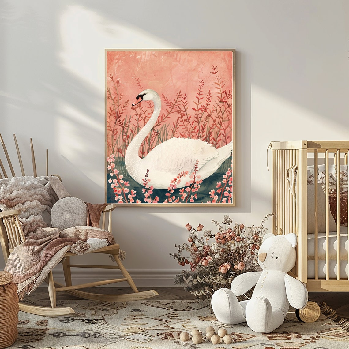 Swan Wall Art, Pink Nursery Print, Teen Girl Bedroom, Printable Living ...