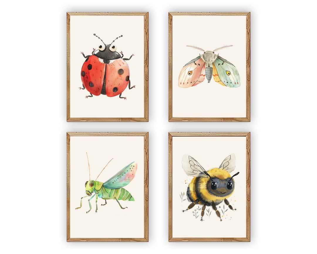 Insects Nursery Wall Art, Watercolor Bee, Ladybug, Moth, Grasshopper ...