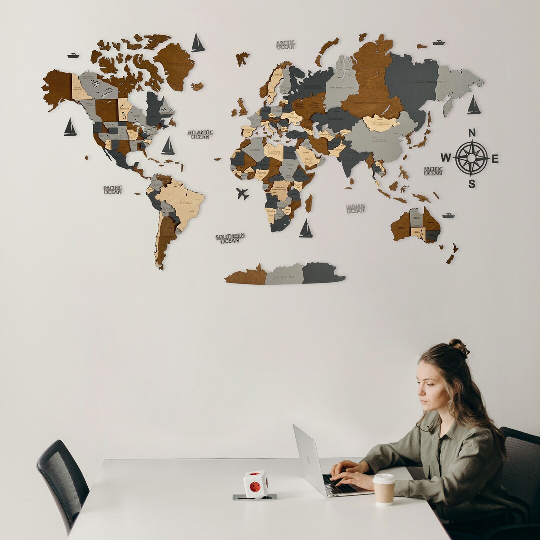 Wooden World Map "sky" - 3D Wall Decoration - Size of Map (M , L , XL ...