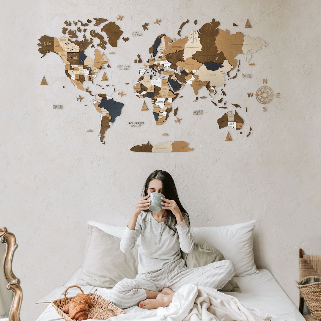 Wooden World Map "coffee" - 3D Wall Decoration - Size of Map (M , L ...