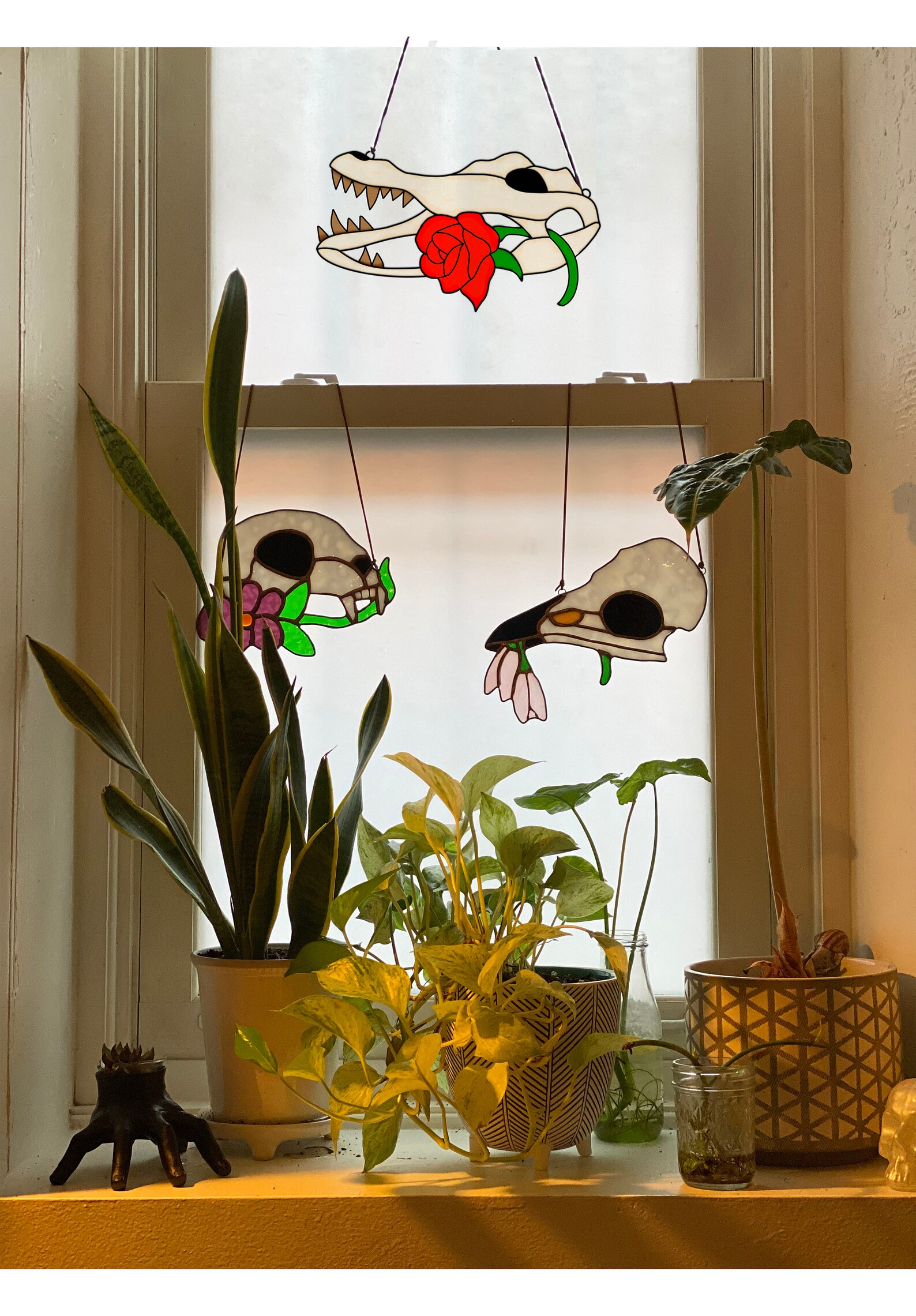 Digital Stained Glass Pattern / CROCODILE/ALLIGATOR Skull With Rose ...