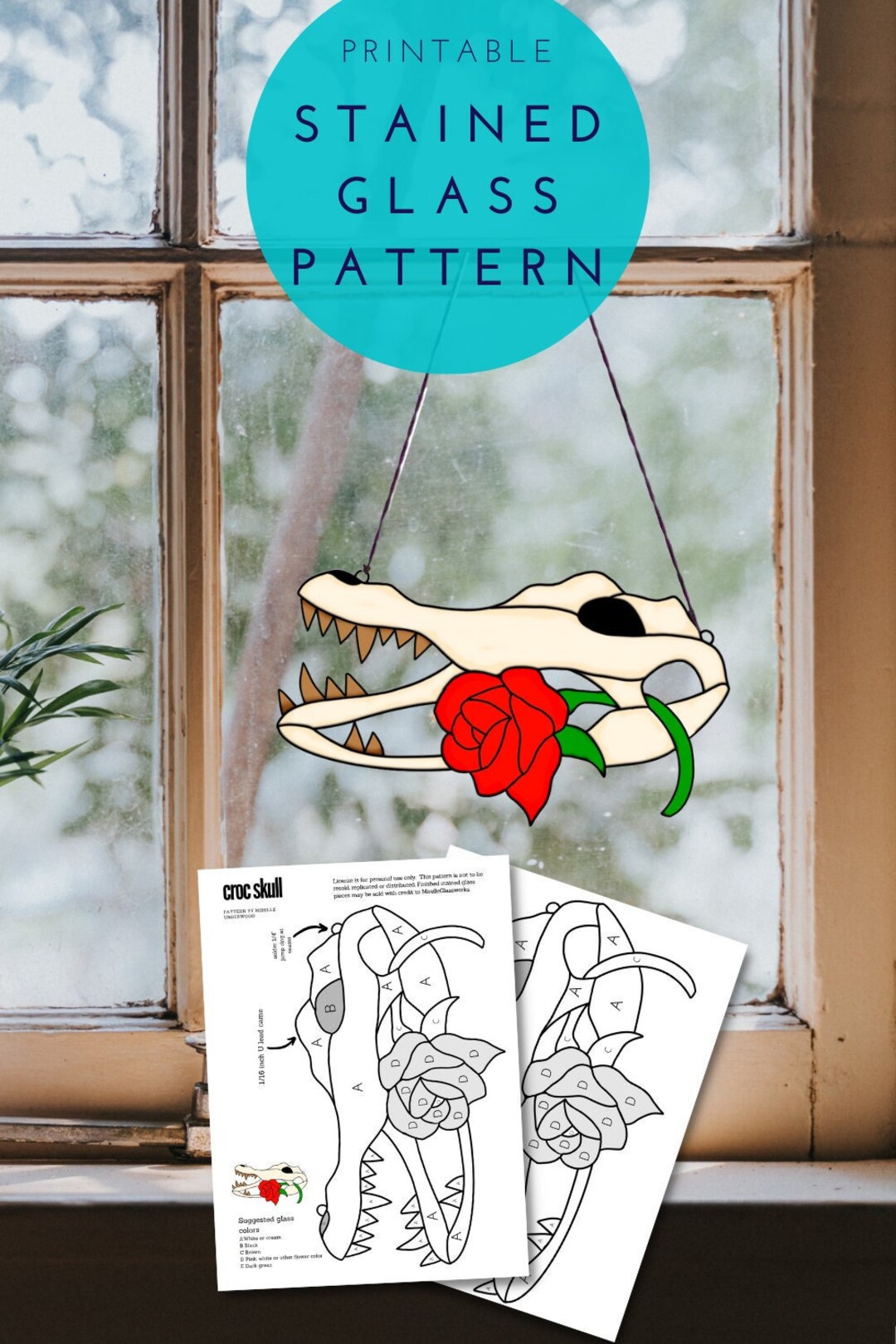 Digital Stained Glass Pattern / CROCODILE/ALLIGATOR Skull With Rose ...