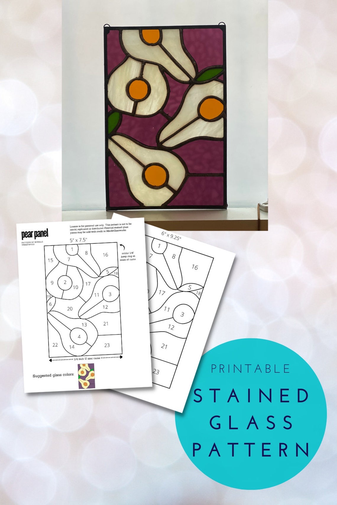 Digital Stained Glass Patterns / SET of 3 FRUIT Panels / Pear, Lemon ...
