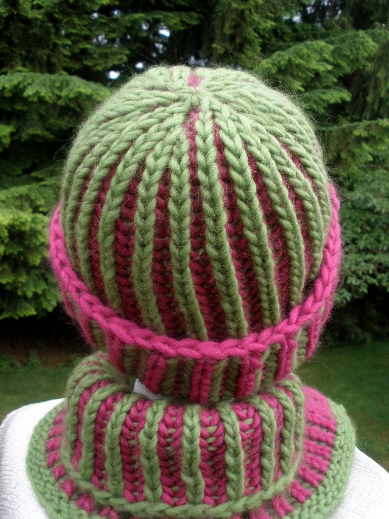 Wild Orchid Reversible Brioche Rib Cap - Green Pink Cushy Warm Wool ...