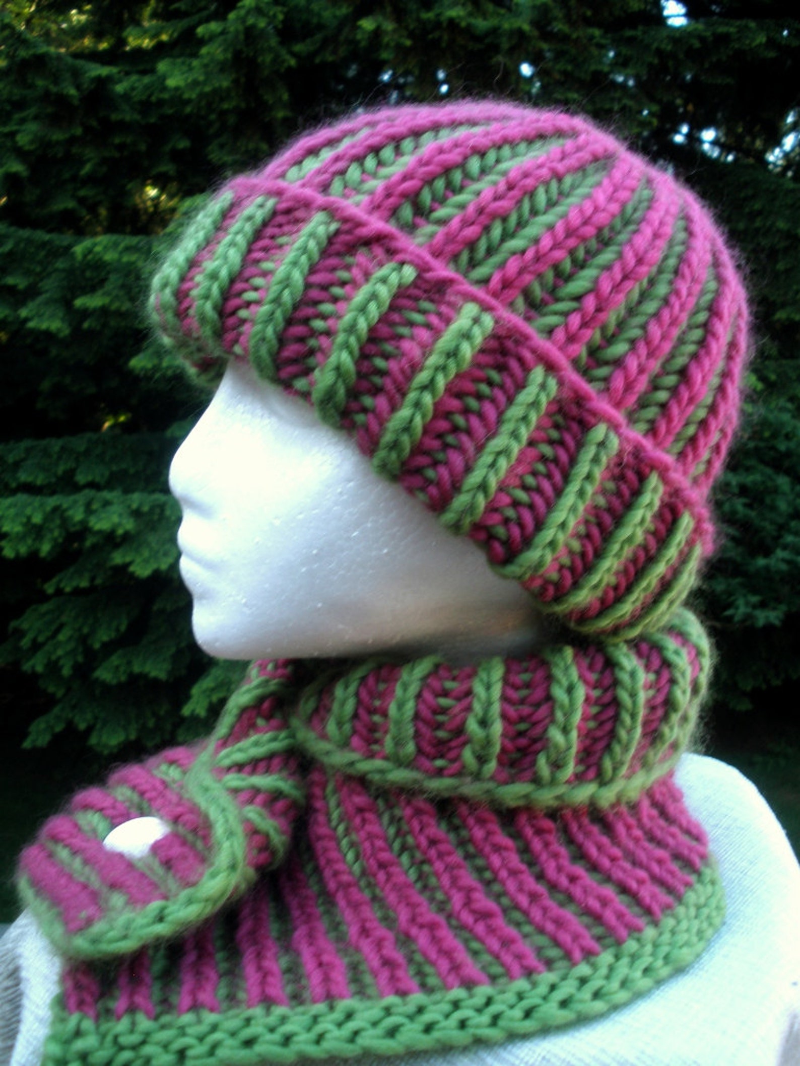 Wild Orchid Reversible Brioche Rib Cap - Green Pink Cushy Warm Wool ...