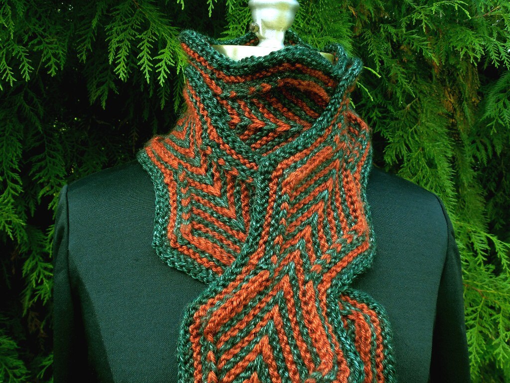 Zigzag Diamond Knit Scarf in Green and Rust Medium Size - Etsy