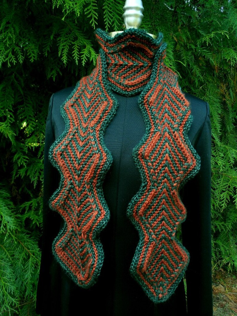 Zigzag Diamond Knit Scarf in Green and Rust Medium Size - Etsy
