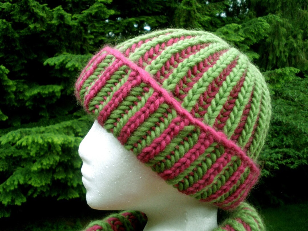 Wild Orchid Reversible Brioche Rib Cap - Green Pink Cushy Warm Wool ...