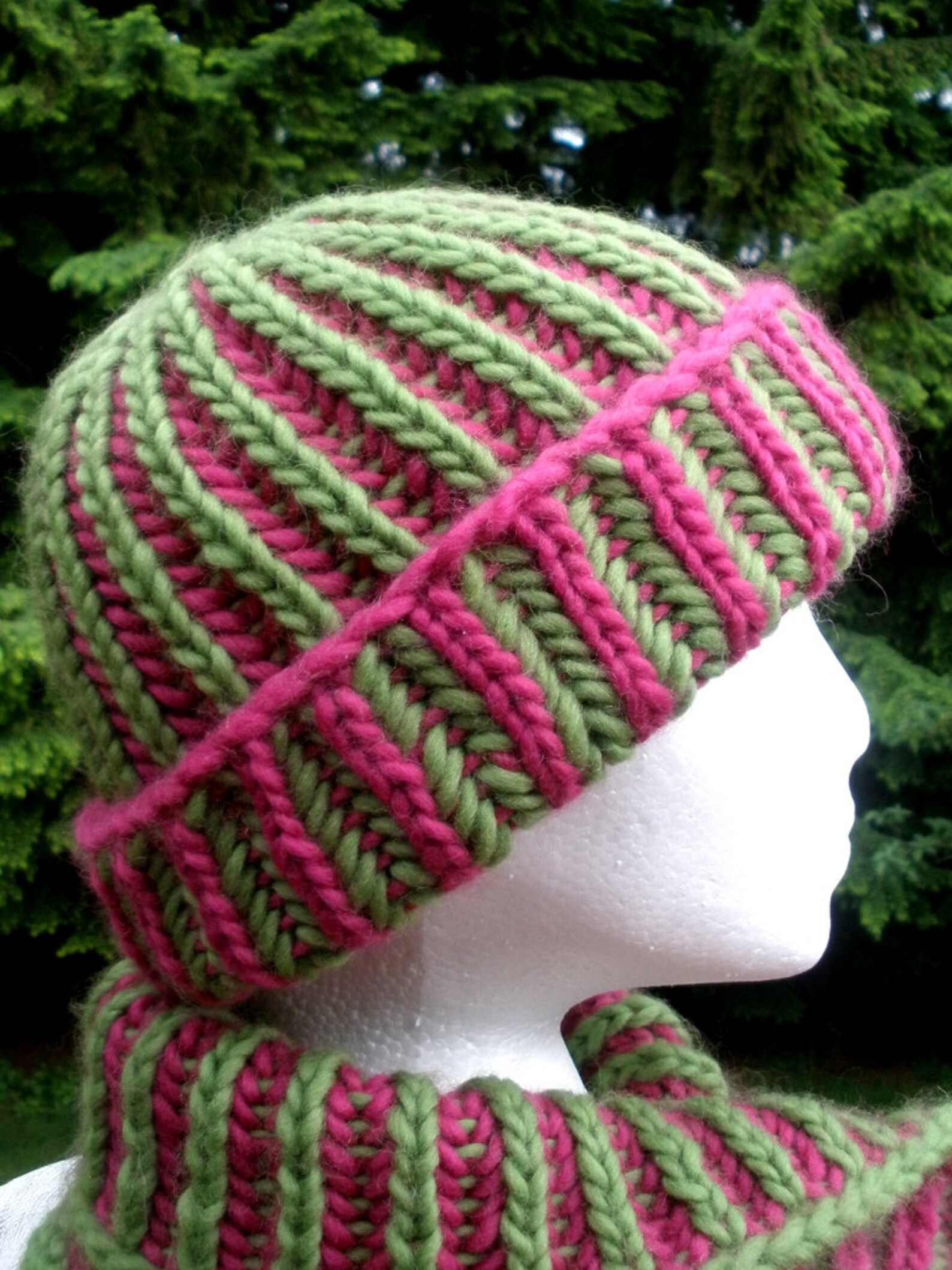 Wild Orchid Reversible Brioche Rib Cap - Green Pink Cushy Warm Wool ...