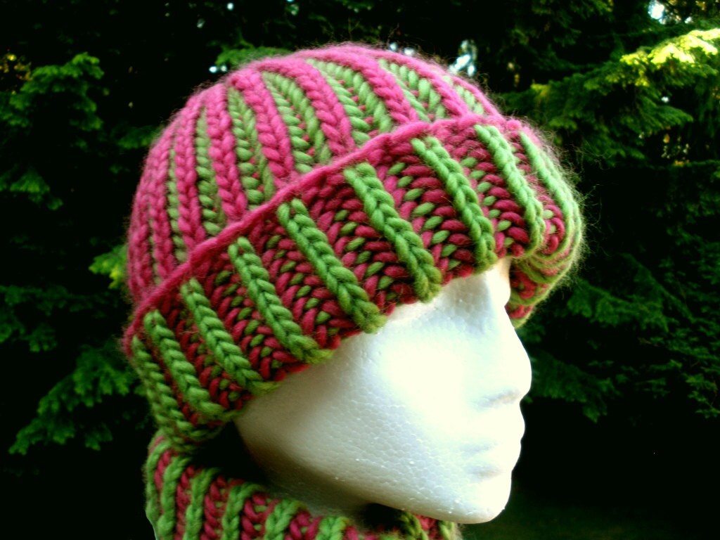 Wild Orchid Reversible Brioche Rib Cap - Green Pink Cushy Warm Wool ...