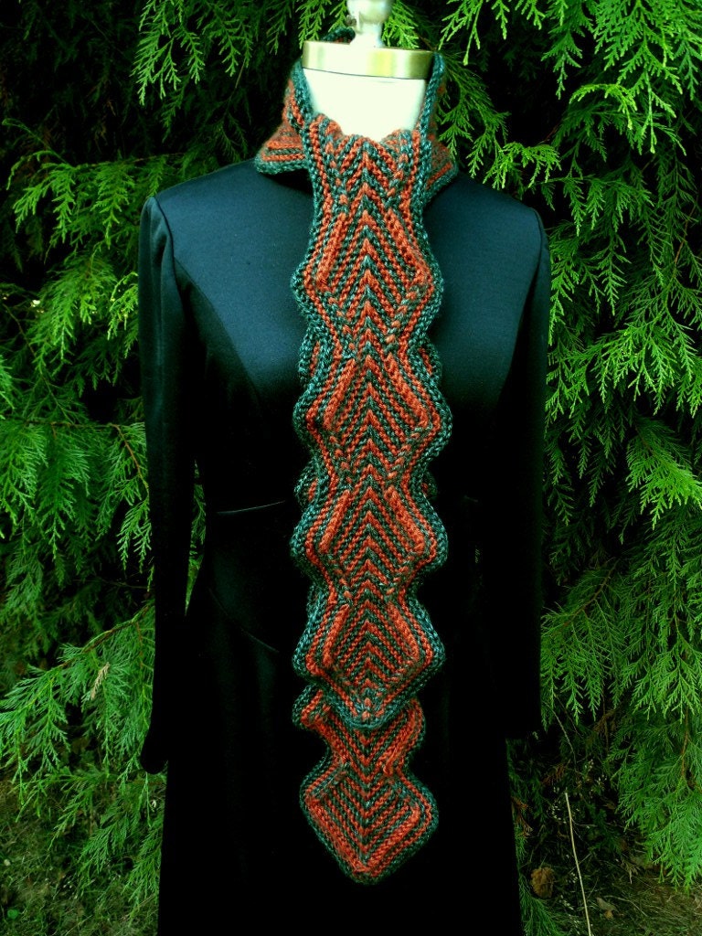 Zigzag Diamond Knit Scarf in Green and Rust Medium Size - Etsy