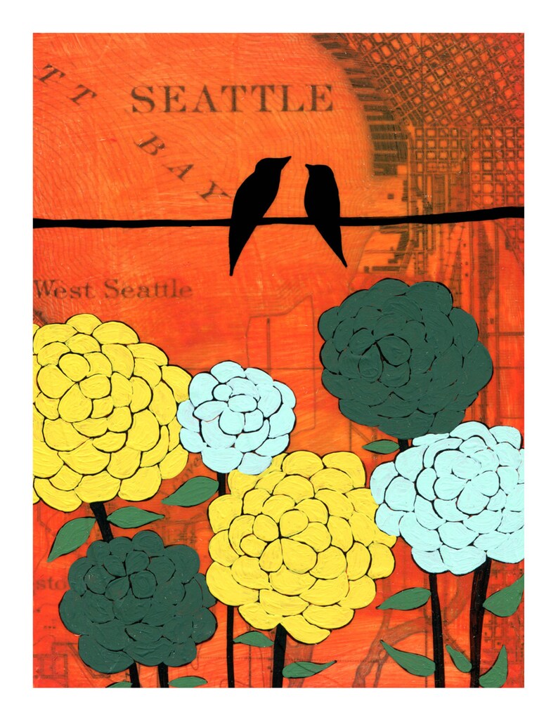 Seattle Map Art Print With Birds and Flowers, Anniversary Gift - Etsy