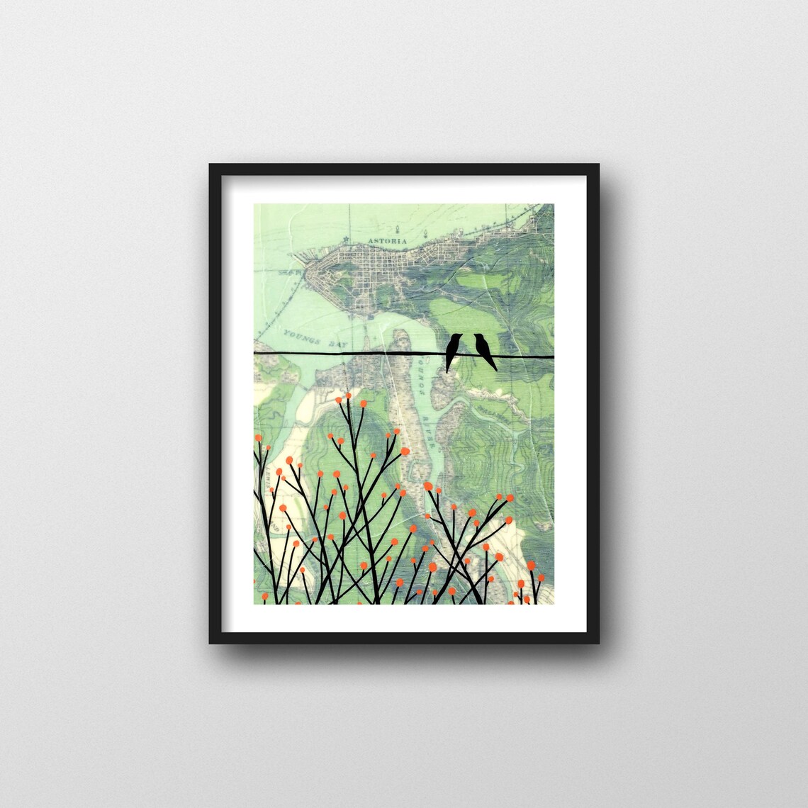 Astoria Oregon Map With Birds and Flowers / 8x10 or 11x14 Map Art Print ...
