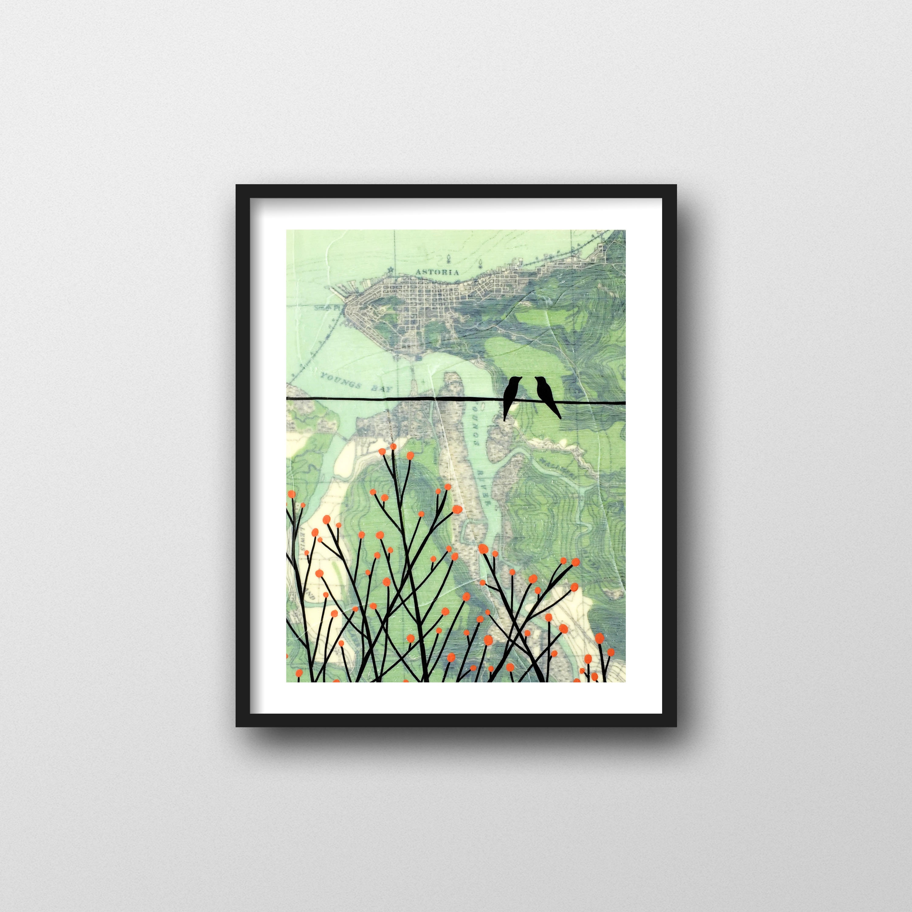 Astoria Oregon Map With Birds and Flowers / 8x10 or 11x14 Map Art Print ...
